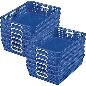 Really Good Stuff Plastic Desktop Paper Storage Baskets for Classroom or Home Use – 14”x10” Plastic Mesh Baskets Keep Papers Crease-Free and Secure – Blue Baskets With White Handles (Set of 12)