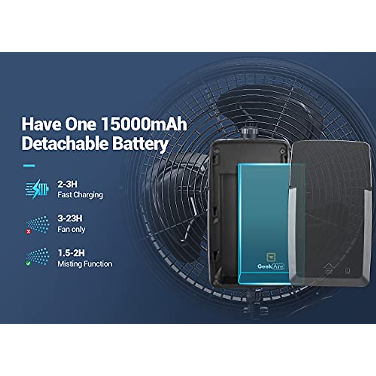 Geek Aire Battery Operated Misting Fan, Rechargeable Outdoor Floor Fan with 2.9 Gal Water Tank, Powered Waterproof Durable 15000mAh Battery Run for Patio, Camping Gear Accessories - 12 Inch