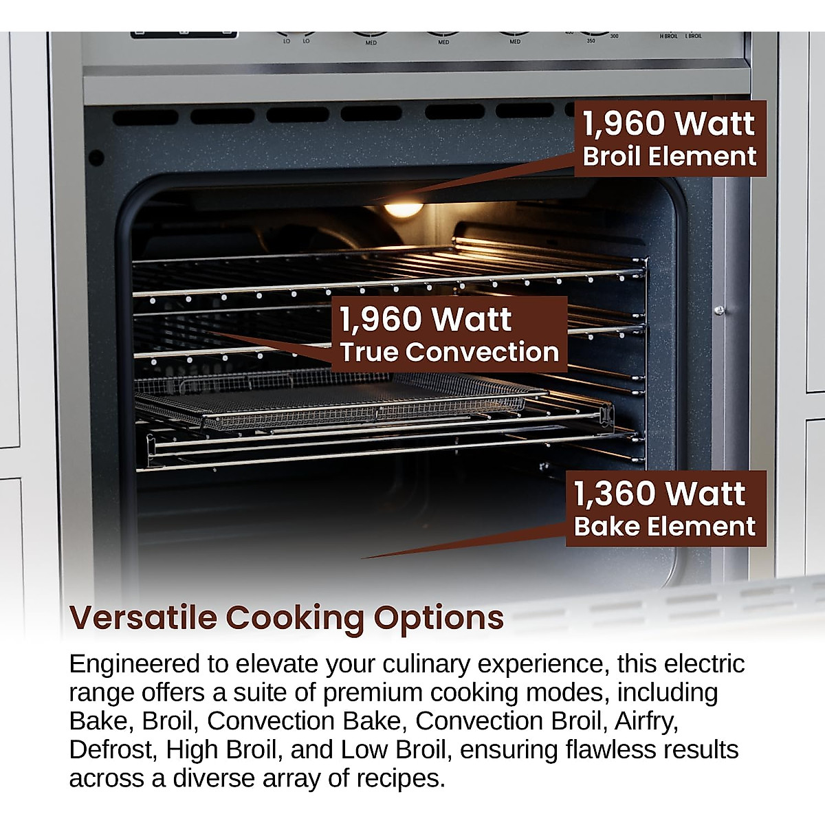 RANGAIRE RRE241TS 24" Electric Range with 4 Burners, 3.0 cu. Ft. Capacity, Freestanding Slide-in AirFry, Convection Oven, Easy Reach Racks, Soft Close Door, Clock and Timer, Stainless Steel