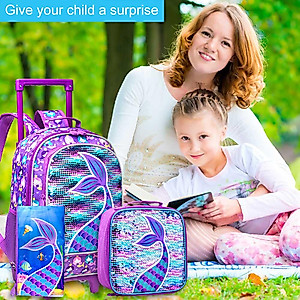 gxtvo Rolling Backpack for Girls, Roller Wheels Kids Bookbag - Wheeled Suitcase Elementary Sequin School Bag - 3PCS Mermaid