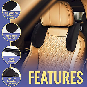 Car Seat Headrest Pillow, Head, Neck & Shoulder Support Cushion for Sleeping in The Car, Adjustable Height Cotton Car Travel Pillow for Kids & Adults, Long Distance Drives, Weatherproof - Black