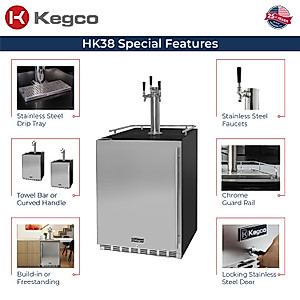 Kegco Kegerator 24" Wide Triple Tap Black/Stainless Steel Undercounter Beer Dispenser HK38BSU-L-3