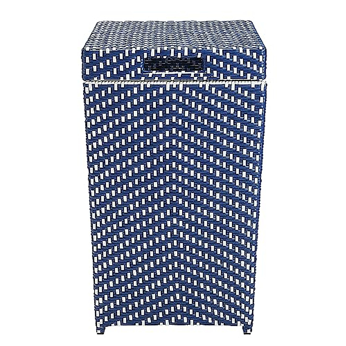 24/7 Shop at Home Locke Coastal Aluminum and All-Weather Wicker Outdoor Trash Can with Lid for Outdoor, Patio, Pool Area, Garden, Navy Blue and White
