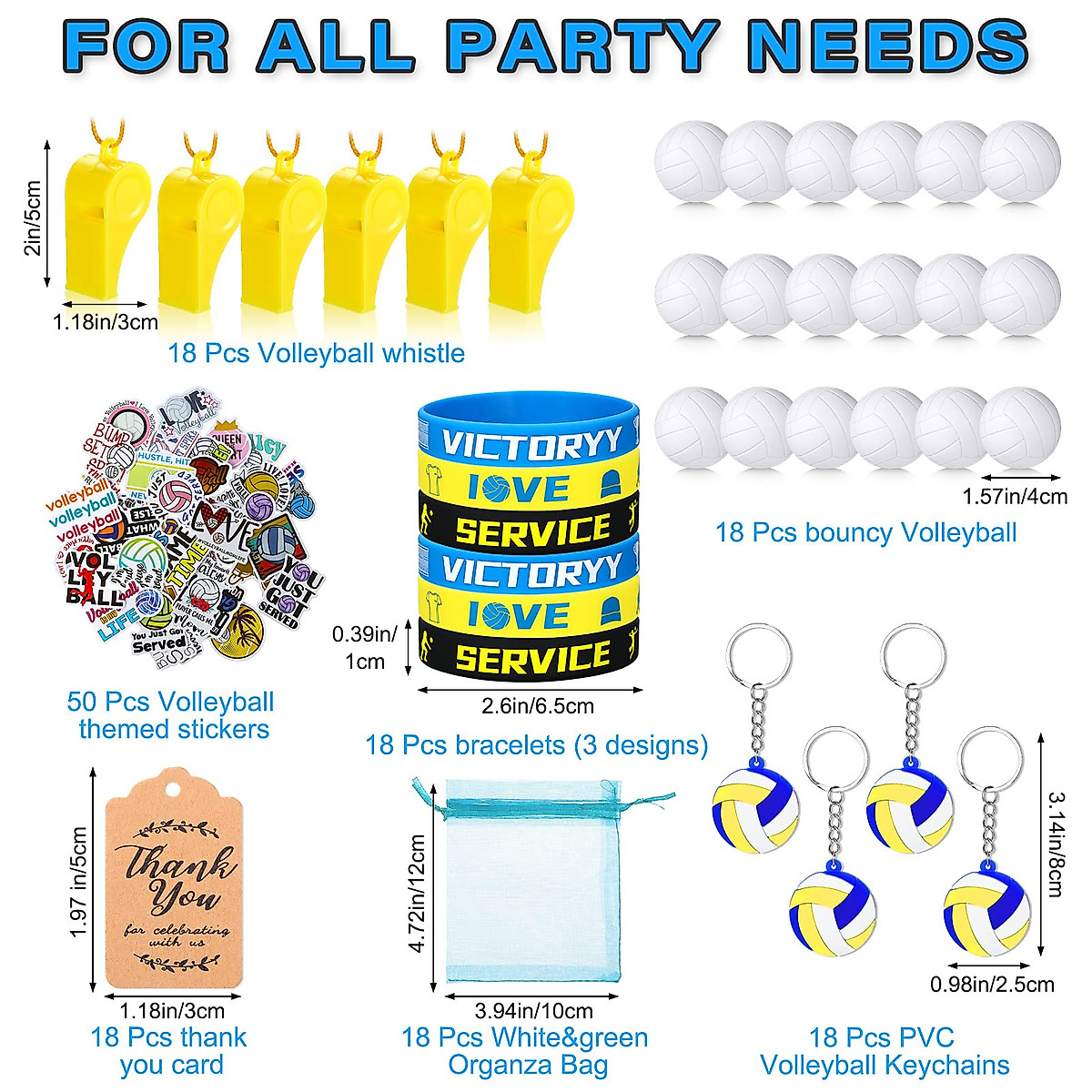 Hungdao 158 Pcs Volleyball Party Favors for 18 People Includes Mini Bouncy Volleyball Keychain Whistle Bracelets Thank You Card Stickers Organza Bag for Volleyball Sports Event Class Rewards