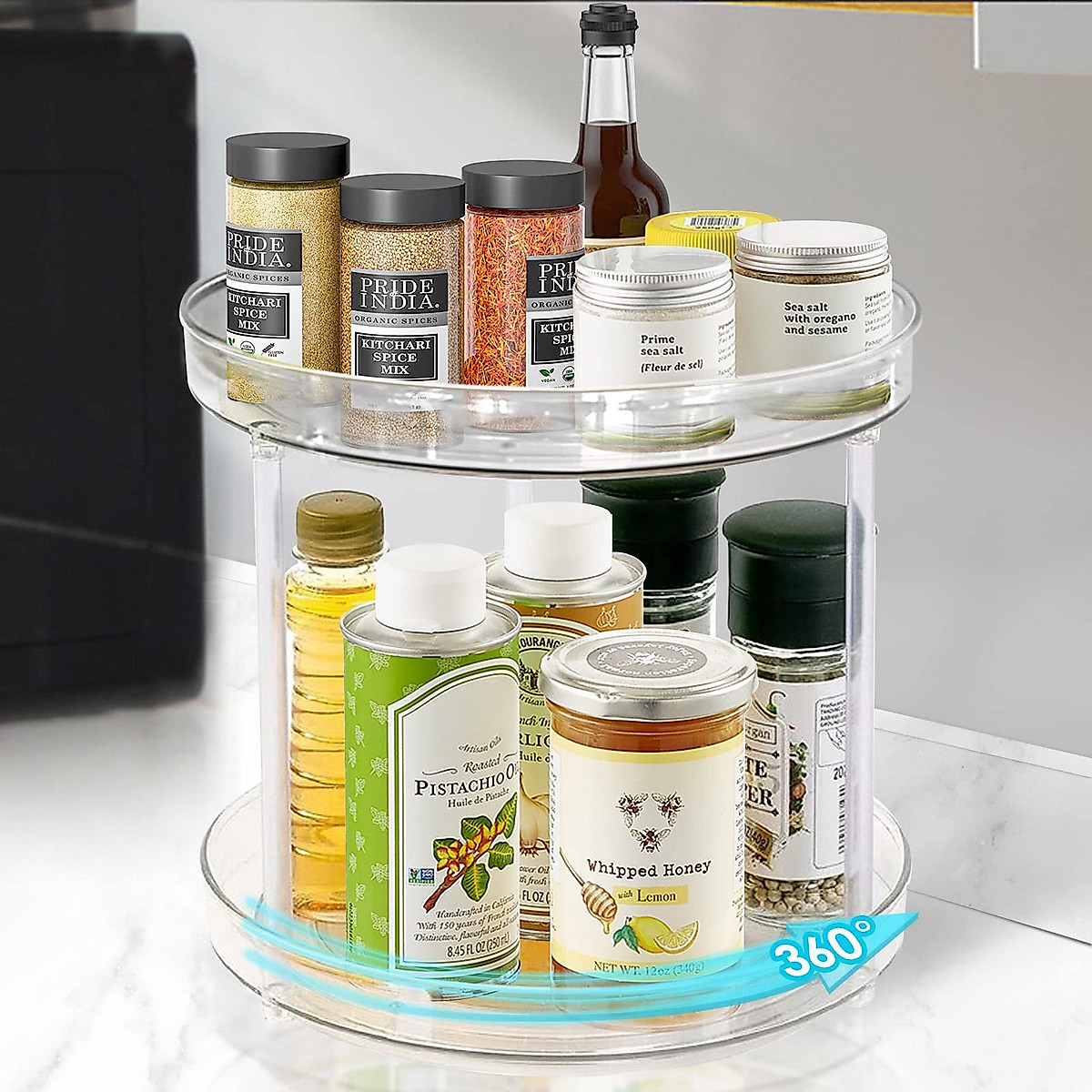 TOOCUST Lazy Susan 2 Tier Bathroom Organizer Countertop, 9 Inch Clear Spice Rack, Acrylic Lazy Susan Turntable for Cabinet, 2 Tier Countertop Organizer, Perfume Organizer, Medicine Cabinet Organizer