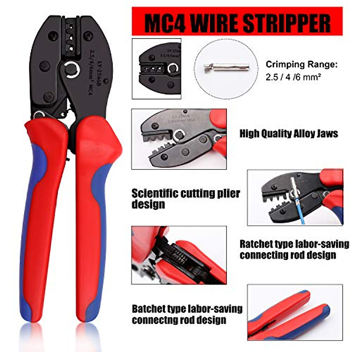 Solar PV Crimping Tool for MC3 Cable Connector, with 5 Pairs Male Female Solar Connector + 2pcs Spanners Wrench + 1pc Wire Stripper and Cutter + 1pc Wire Crimper for 2.5/4/6mm² Solar PV Wire