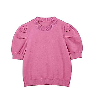 Girls Puff Short Sleeve Sweater Tops for Teen Girls Crew Neck Blouse Crochet Knit Soft Pullover Shirt 13-18 Years