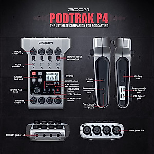 ZOOM PODTRAK P4 THE ULTIMATE RECORDER FOR PODCASTING with 64GB Memory Card, Samson R21S Dynamic Microphone, Samson SR360 Over-Ear Dynamic Stereo Headphones, and Essential Accessories Bundle