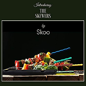 Skoo Barbecue Skewers Set - 7 Silicone Handled Stainless Steel BBQ Skewers + Silicone Storage Bag - 14" Flat Metal Shish Kebab Skewers for Grilling - Reusable Grill Kabob Skewer Sticks + Rollable Bag