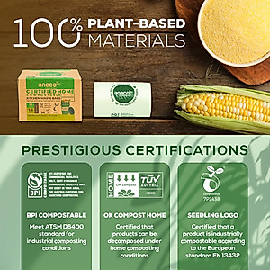 ANECO 100% Home Compostable Food Waste Bags (1.6 Gallon Trash Bags, 50 Count), Small Kitchen Compost Bags for Countertop Bin, Certified by BPI (ASTM D6400), TUV Austria & OK Compost Home