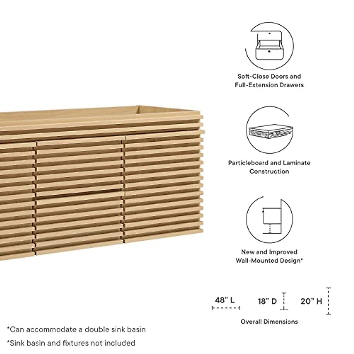Modway Render 48" Double Sink Compatible (Not Included) Bathroom Vanity Cabinet in Oak