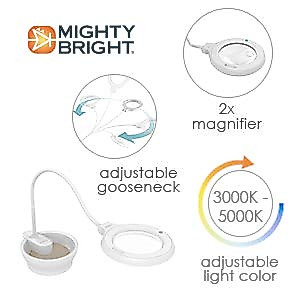 The Original Mighty Bright LED Task Light and Magnifier Lamp, Clip-On or Free-Standing, Color-Adjustable (Warm Eye-Care Light to Bright White), 2X Magnifier w/ 5X Bifocal, Touch-Activated, Dimmable