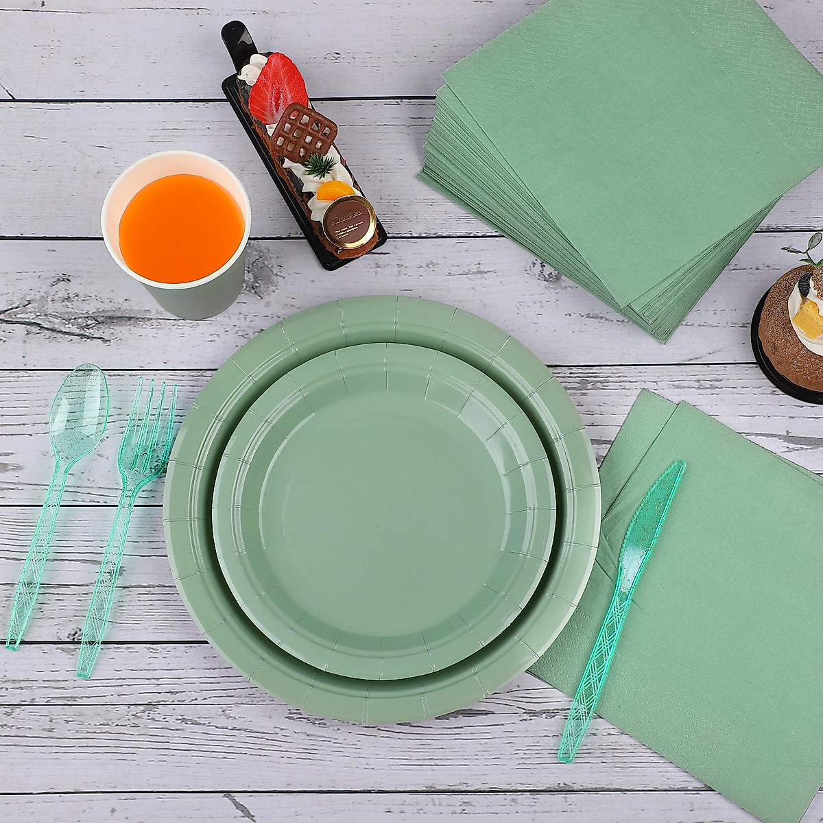 durony 350 Pcs Sage Green Party Tableware Set for 50 Guests Include 7, 9 Inch Paper Dessert Plates Napkins Cups Forks Cutlery Disposable for Bridal Shower Wedding Birthday Party Decorations Supplies
