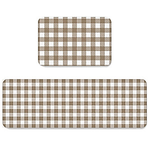 2 Pieces Kitchen Rugs Sets, Country Style Brown and White Checkered Plaid Gingham Non-Slip Hallway Stair Runner Rug Mats Doormat for Floor, Office, Sink, Laundry
