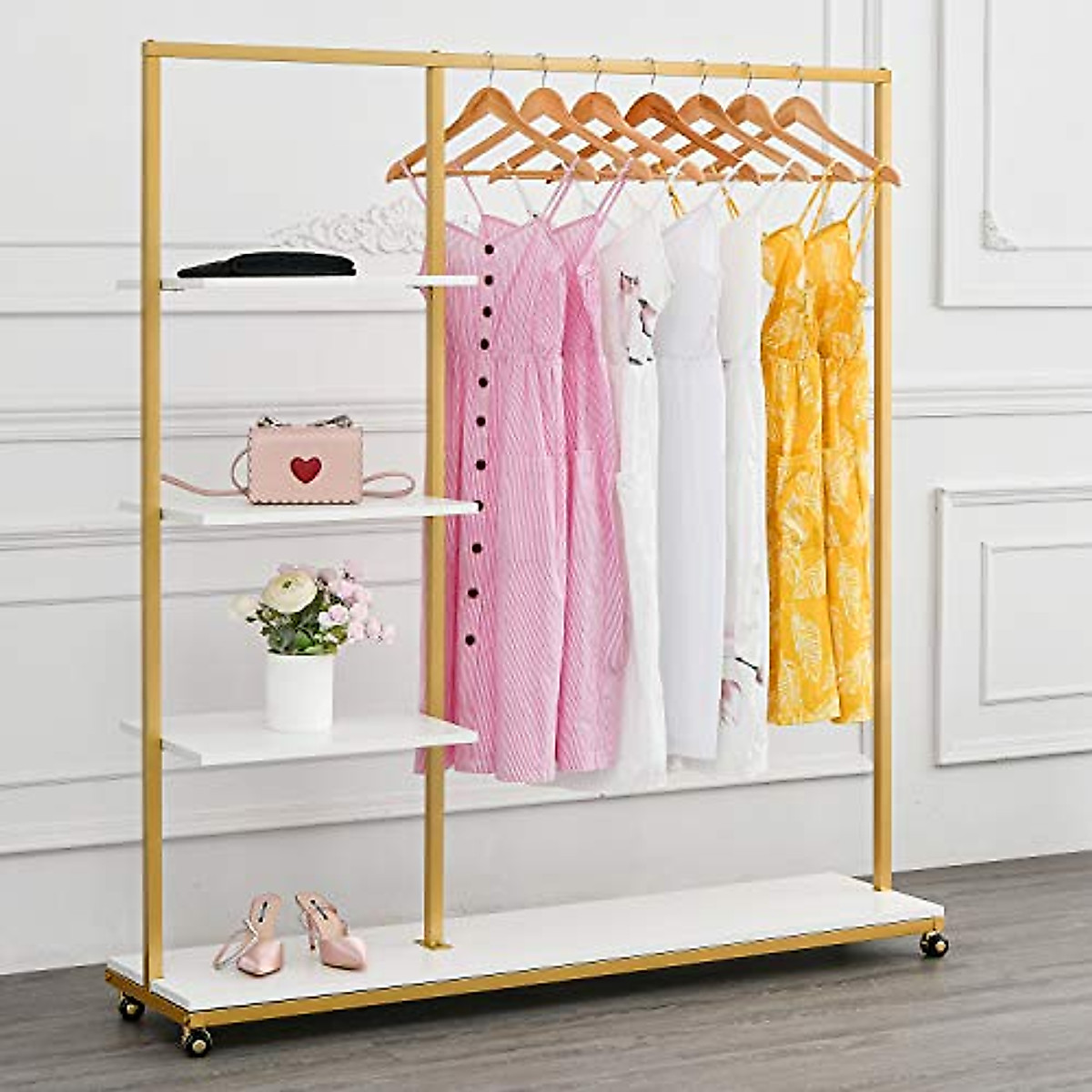 BOSURU Rolling Gold Clothing Racks on Wheels with Metal Pipes Modern Floor Standing Clothes Display Racks Hanging Clothes 4-Tier Garment Rack with Wood Shelves for Bedroom Living Room Cloth Store 59"
