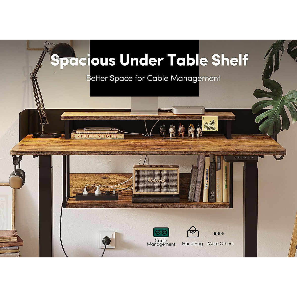 FEZIBO 55" Electric Standing Desk with Shelves, 55 x 24 Inch Sit Stand Rising Desk with Monitor Stand and Storage, Ergonomic Home Office Computer Desk, Rustic