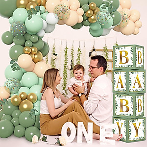 Amandir 143Pcs Baby Boxes Sage Green Baby Shower Decorations, Olive Green Balloon Garland Kit 4 Baby Blocks Gold Letter for Gender Neutral Boy Girl Safari Jungle Biythday Party Supplies