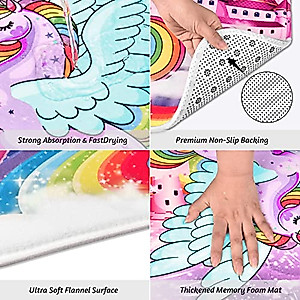 4 Pcs Unicorn Kids Shower Curtain Set with Memory Foam Bath Mat, Non-Slip Bathroom Rugs and Toilet Lid Cover, Waterproof Pink Rainbow Shower Curtain with Hooks, Kawaii Girls Kids Bathroom Decor Sets