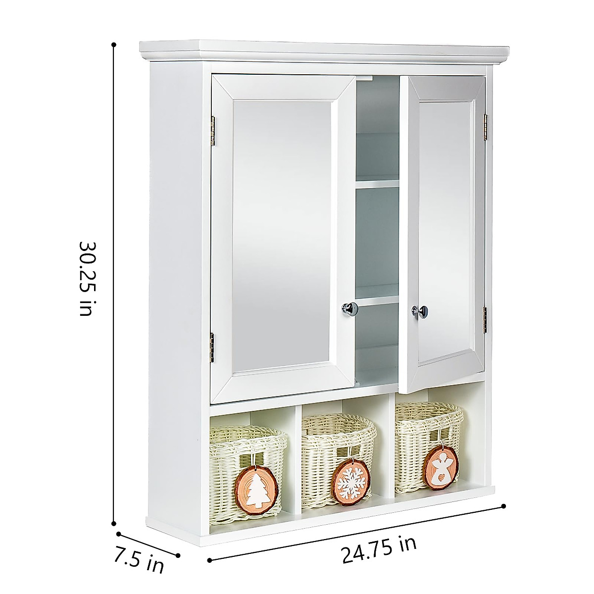 Medicine Cabinet, Bathroom Organiser, Wall Mounted Bathroom Cabinet with Mirror with 2 Adjustable Shelves and 3 Storage Baskets for Bathroom, Laundry Room, Kitchen