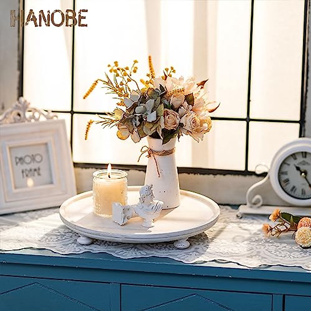 Hanobe Wood Risers for Decor: Rustic Round Wooden Pedestal Stand Tray for Display Farmhouse Table Decorative Risers for Dessert Candle Cake Plant, White 11"