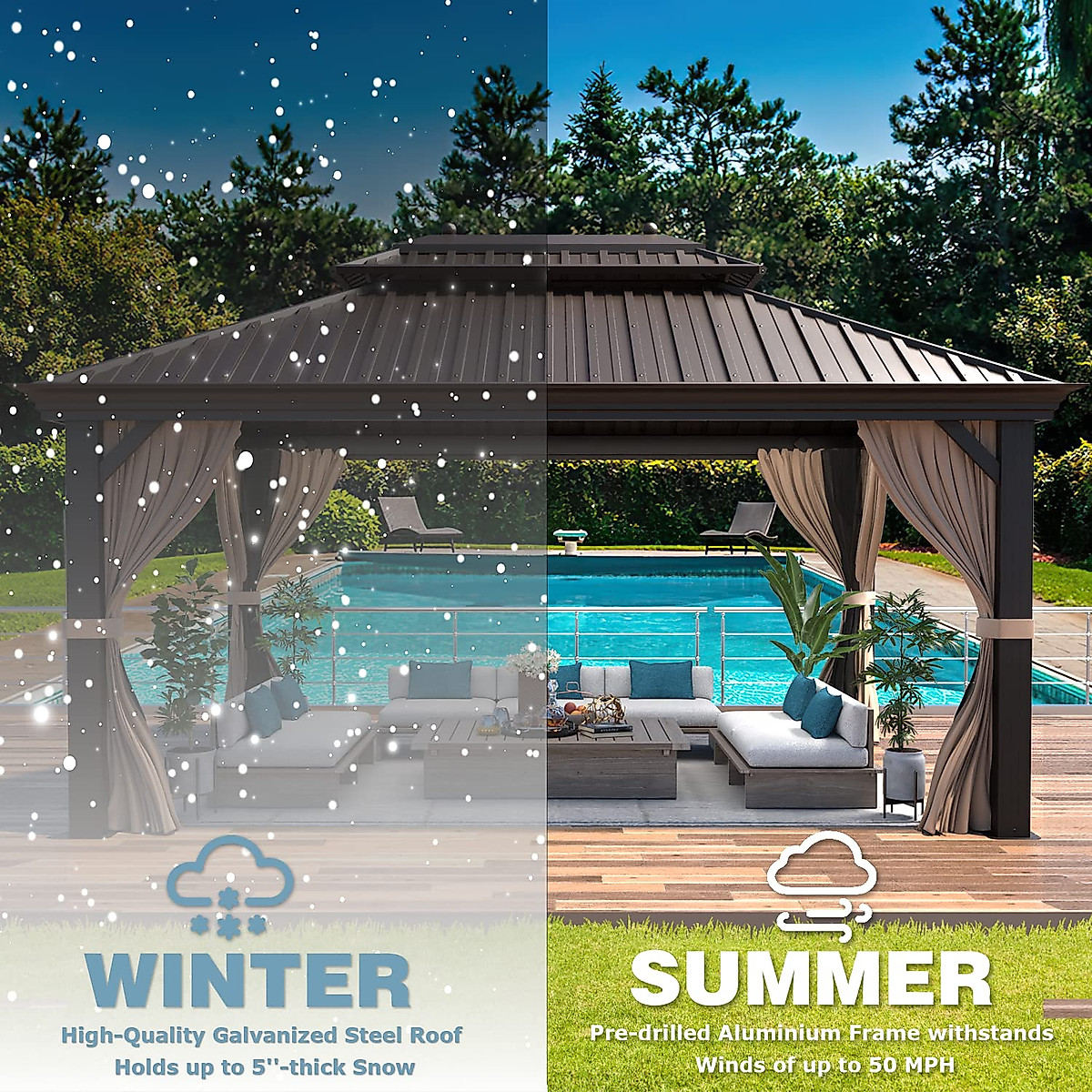 MELLCOM 12'x16' Hardtop Gazebo, Galvanized Steel Metal Double Roof Canopy with Curtains and Netting, Brown Permanent Pavilion Gazebos with Aluminum Frame for Patio, Lawn & Garden