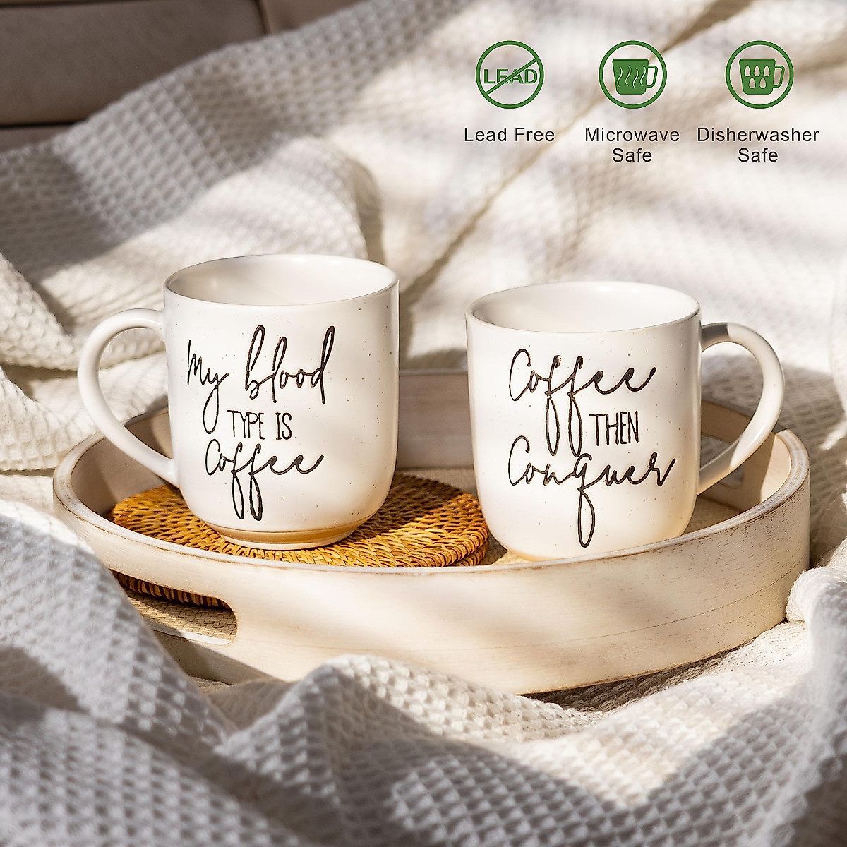 Taimei Teatime 14.5 oz Ceramic Coffee Mug Set of 2, My Blood Type is Coffee & Coffee Then Conquer Coffee Cup Sets, Mugs Gift Set for Couple & Coffee Lovers, Dishwasher and Microwave Safe