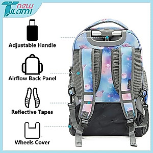 NEW TILAMI Roller Backpacks for Girls, Adjustable Laptop Rolling Backpack with Wheels for Girls to School Travel Camping Boys Rolling Backpack Purple Star 18 Inches