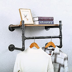 HAOVON Industrial Pipe Clothing Rack Wall Mounted Wood Shelf,Pipe Shelving Floating Shelves,Retail Garment Rack Display Rack Clothes Racks(1 Tier,24in)