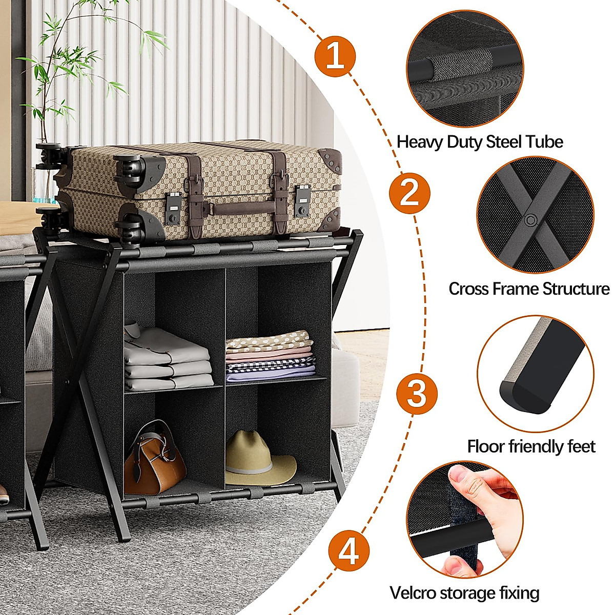 Huhote Luggage Rack for Guest Room, Set of 2, Folding Suitcase Stand with Fabric Storage Shelf, Luggage Holder, Steel Foldable Luggage Stand for Guest Room, Bedroom, Hotel, Black