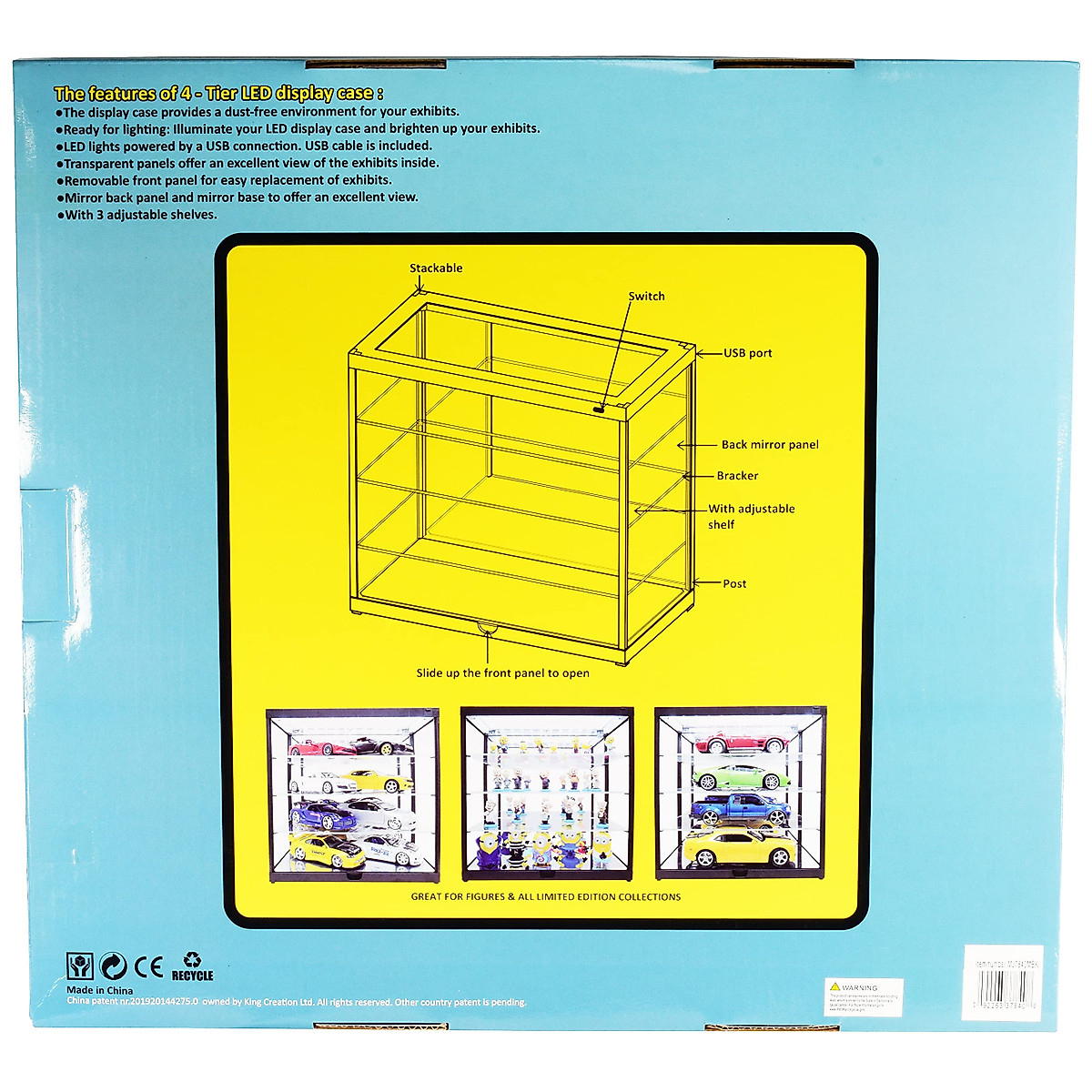 Collectible 4-Layer Display Showcase with USB Powered LED Lights Black for 1/18 1/24 1/32 1/43 1/64 Scale Models MJ7840 MBK