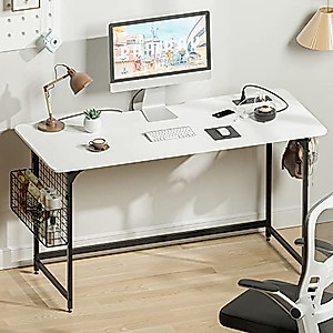 Pamray Small White Computer Desk with Outlets Built-in, Home Work Office Computer Table with Under Desk Cable Management for Study and Writing