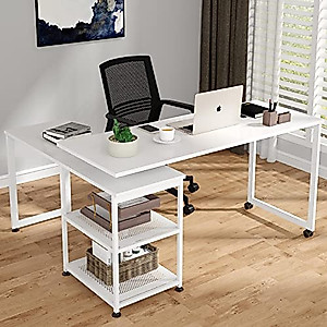 TRIBESIGNS WAY TO ORIGIN 55 Inch Reversible Office Desk, 360° Rotating L-Shaped Computer Desk with Storage Shelves, Modern Home Office Corner Desk Study Writing Table, High Glossy White