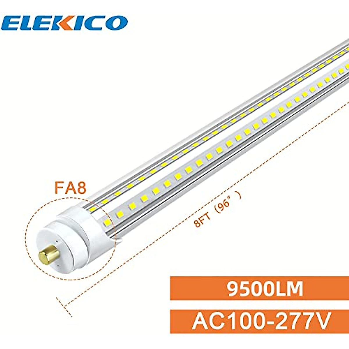 ELEKICO 75w 8ft Led Bulbs, 9500lm 5000k 8' Led Bulbs, V Shaped Clear Cover T8 Led Tube Lights 8ft, T8 Led Bulbs 8 Foot, 8' Led Replacement for T8 T10 T12 F96t12 Fluorescent Tubes