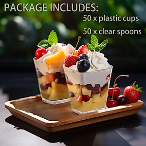 Hiasobre 50Pack 5oz Square Plastic Dessert Cups with Spoons, Reusable Clear Parfait Appetizer Cups, Mini Party Trifle Shooter Serving Cups, Dessert Shot Glasses for Tasting
