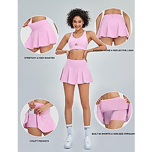 1a1a Women’s Tennis Skirts with Shorts Pockets High Waist Tummy Control Light Pink X-Small