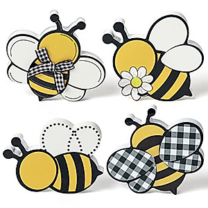 WATINC 4PCS Bee Tiered Tray Decor, Summer Wooden Table Centerpiece Sign, Double-sided Bees Printed Wood Tabletop Signs, Rustic Farmhouse Table Decoration for Holiday Home Honey Party Supplies