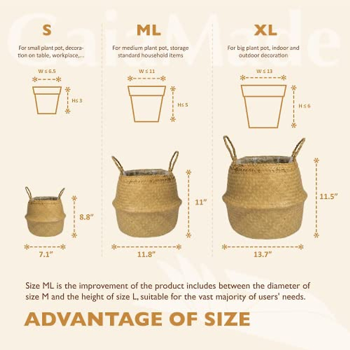 GAIAMADE Set of 2 Woven Seagrass Basket with Handles and Liner for Plant Pot, Belly Basket, Storage Basket, Wicker Baskets, Basket for Plant Baskets Indoor, Natural Seagrass Basket, Size ML