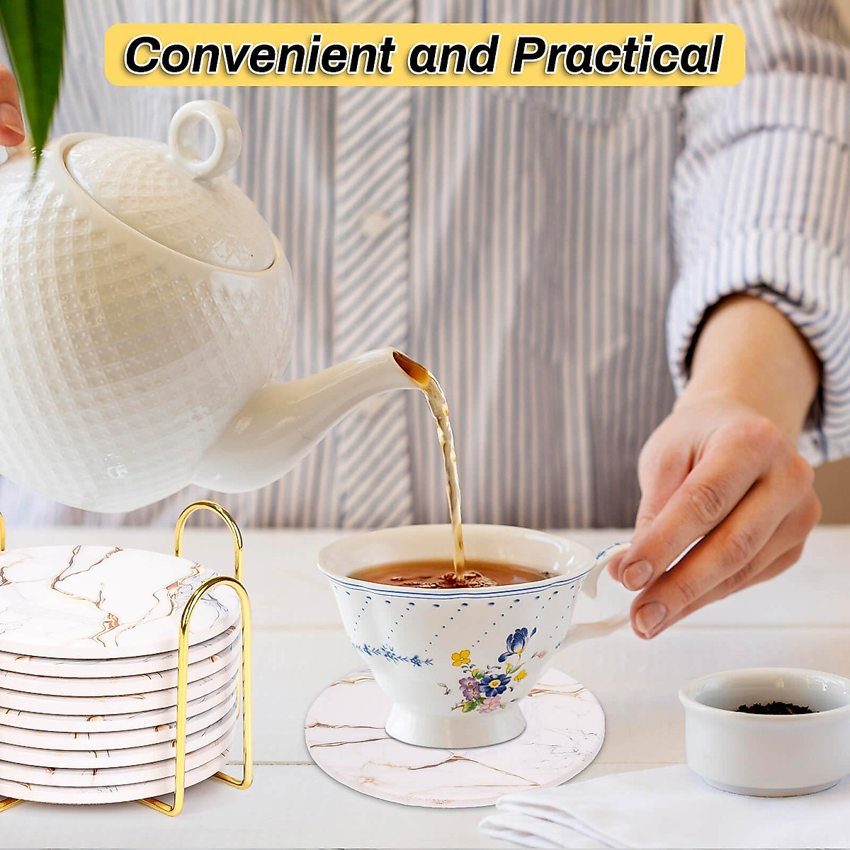 9 Pieces Ceramic Drink Coasters with Holder, Billbotk Absorbent Drink Coasters for Coffee Table, Marble Style Coasters Wooden Table, Suitable for Kinds of Cups, 4 Inches