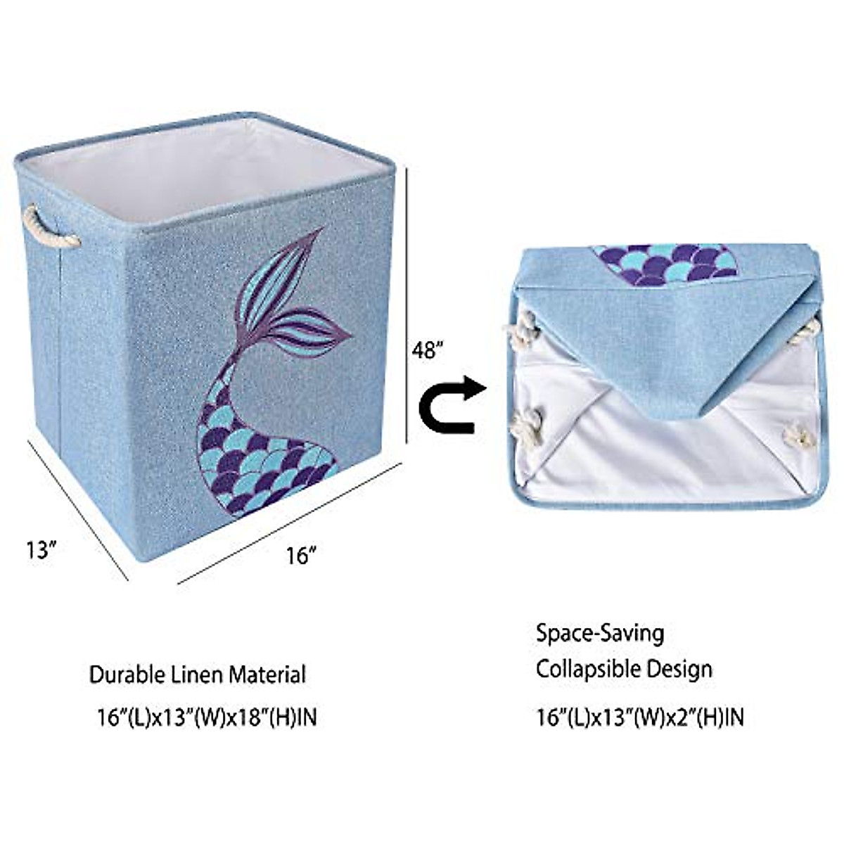 WERNNSAI Mermaid Storage Bin - 16” × 13” × 18” Linen Fabric Storage Baskets Collapsible Nursery Hampers Laundry Basket Boxes Cube Girls Baby Gift Baskets Toys Clothes Shoes Home Organizer