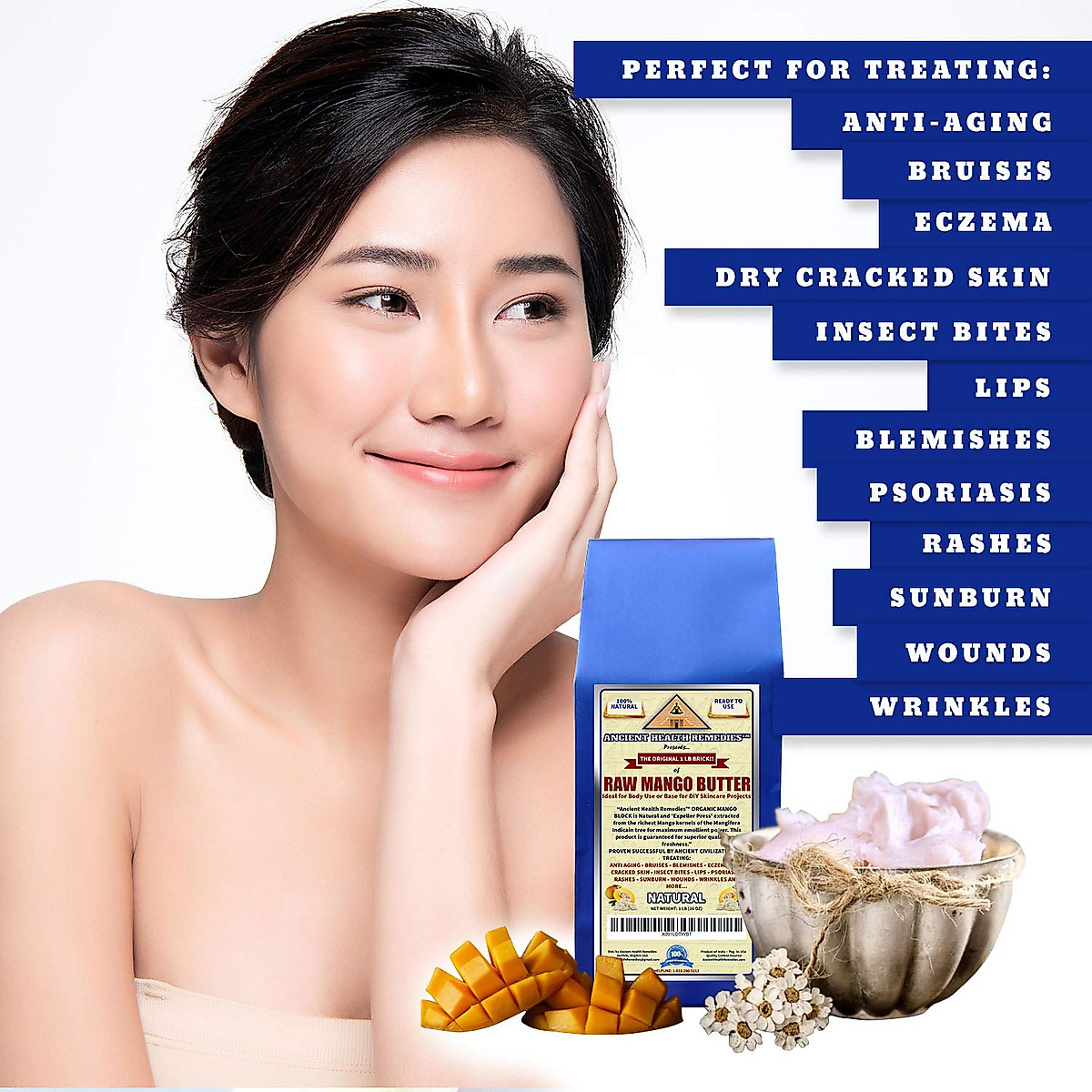 Ancient Health Remedies Organic Unrefined Raw MANGO BUTTER 1 LB (16 oz) BLOCK Bulk, Light Mango Aroma, Non-Greasy Base for Beauty, Skin Moisturizing, DIY Base for Body Butters & Hand Cream (INDIA)