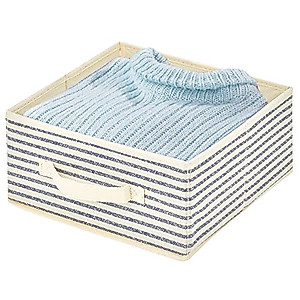 mDesign Soft Fabric Closet Organizer Box with Front Pull Handle for Shelves in Bedroom, Bathroom, Home Office - Holds Clothing, Linens, Accessories, Lido Collection, 4 Pack, Natural/Cobalt Blue Stripe