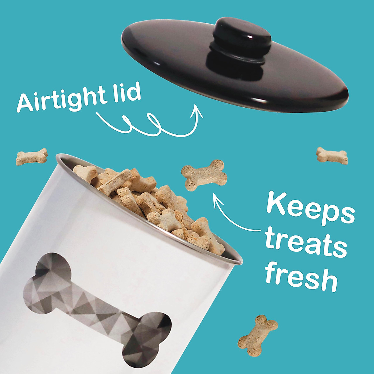 Define Marvelous 2pc Set Dog Treat Container with Lid, Round Tin Dog Treat Storage Jar for Countertop (Bone)