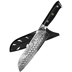 XYJ VG10 Real Damascus Steel Chef Knife Japanese Santoku Knife 7 inch High Carbon Stainless Steel Razor Sharp Non-Stick Blade with Ergonomic G10 Handle Knife Sheath & Gift Box