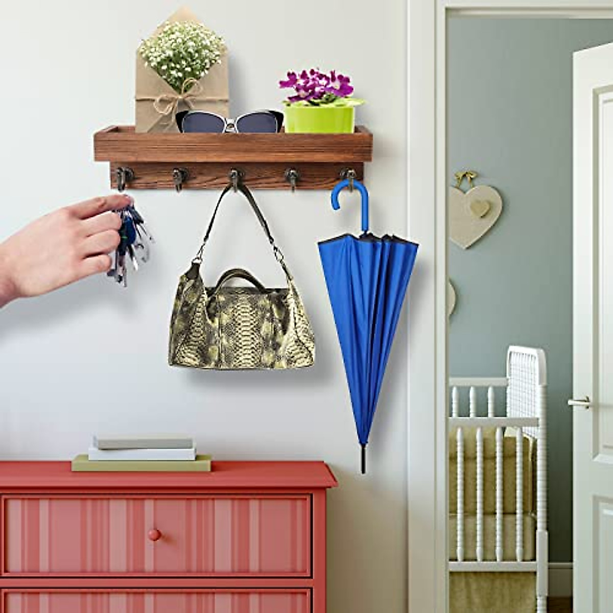 Maloun Mail and Key Holder for Wall Decorative, Wooden Wall Key Rack Organizer with 5pcs Key Hooks, Wall Mount Key Hanger for Rustic Home Decorative, The Key Mail Organizer