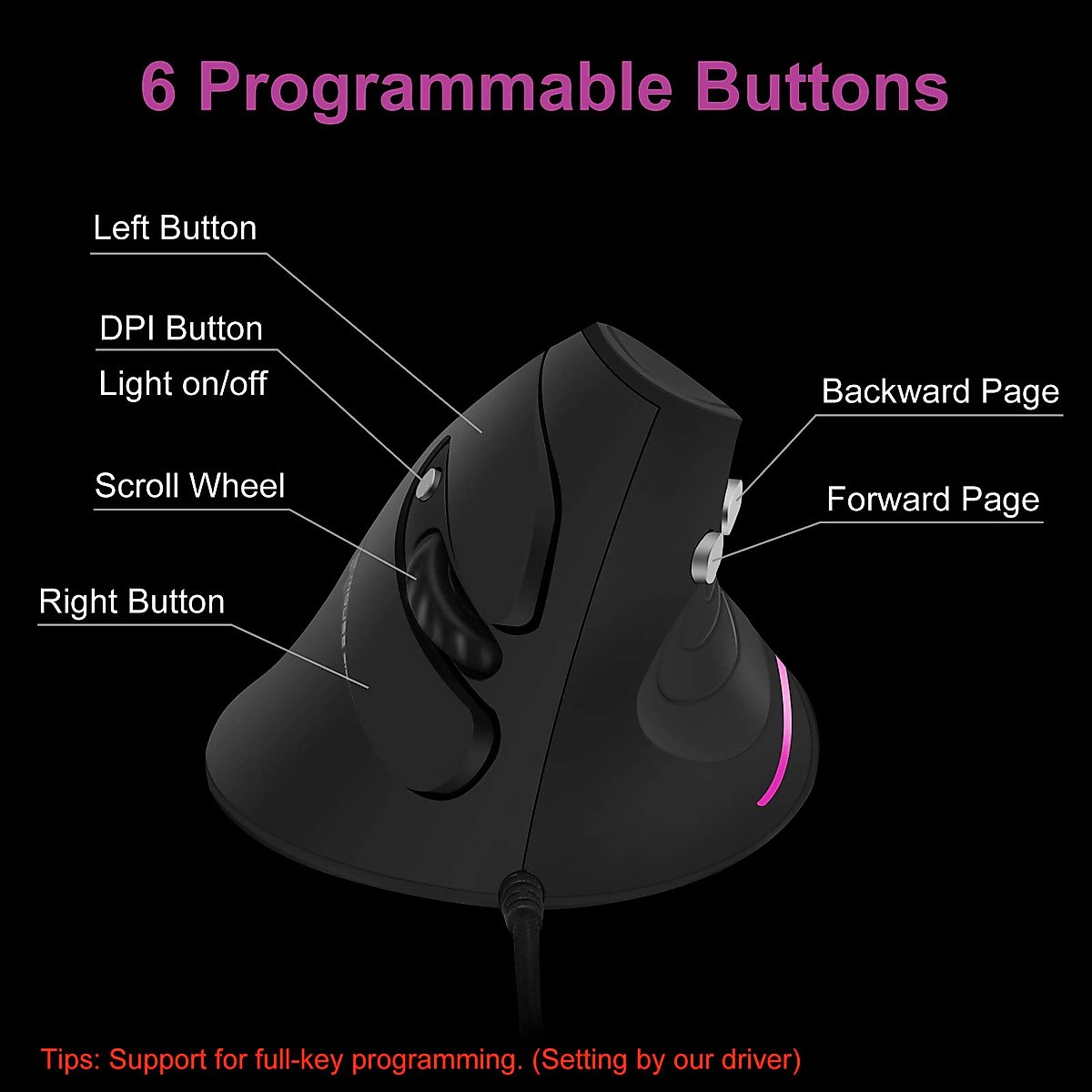 TRELC Vertical Ergonomic Optical Mouse with 6 Programmable Buttons, 800-3200 DPI, Removable Palm Rest, Reduces Wrist Pain, RGB Vertical Mice Wired for PC, Desktop, Laptop (Wired)