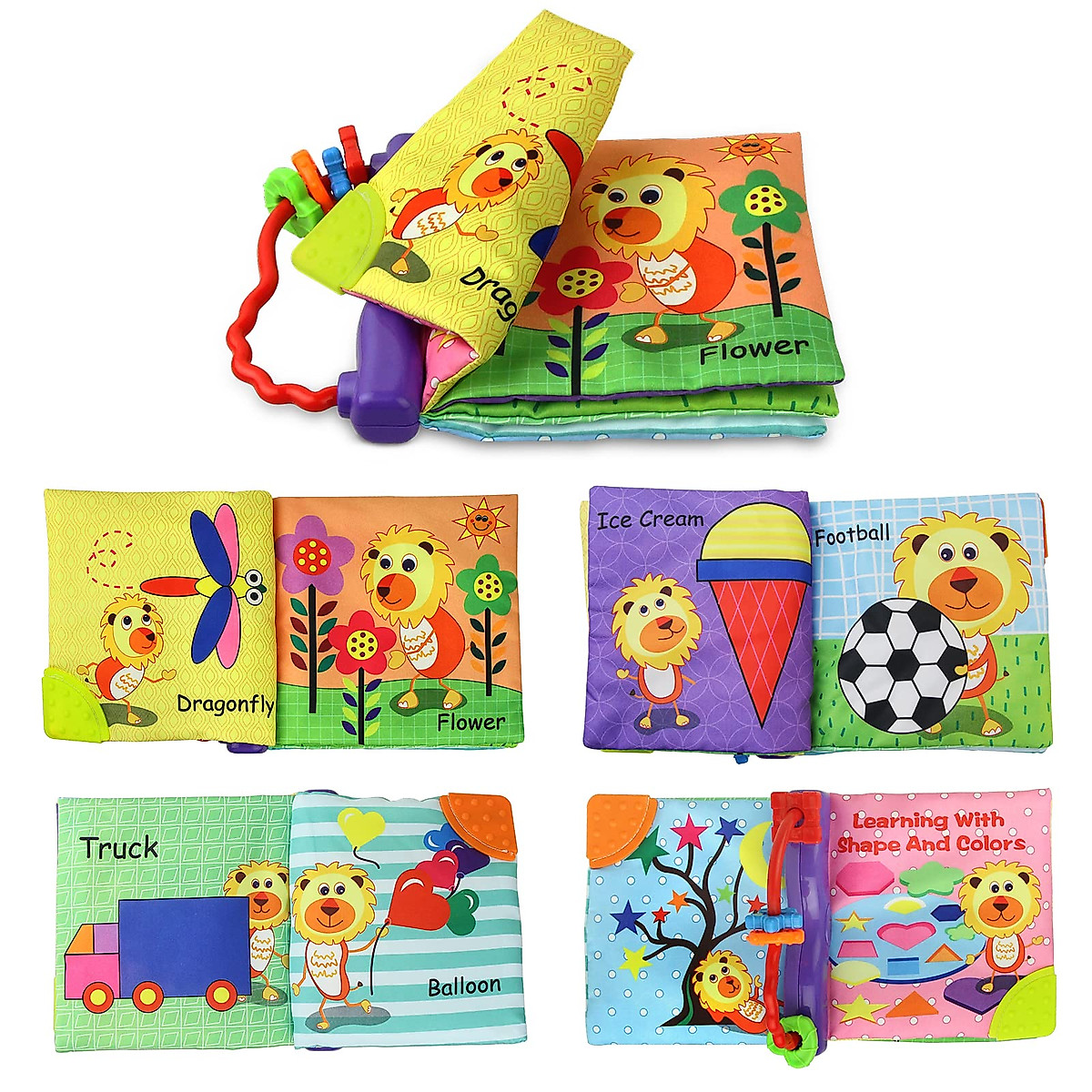 Hapavis Teething Cloth Books Soft Activity Crinkle Baby Books Toys for Early Education for Babies Teether Ring Shape and Colors