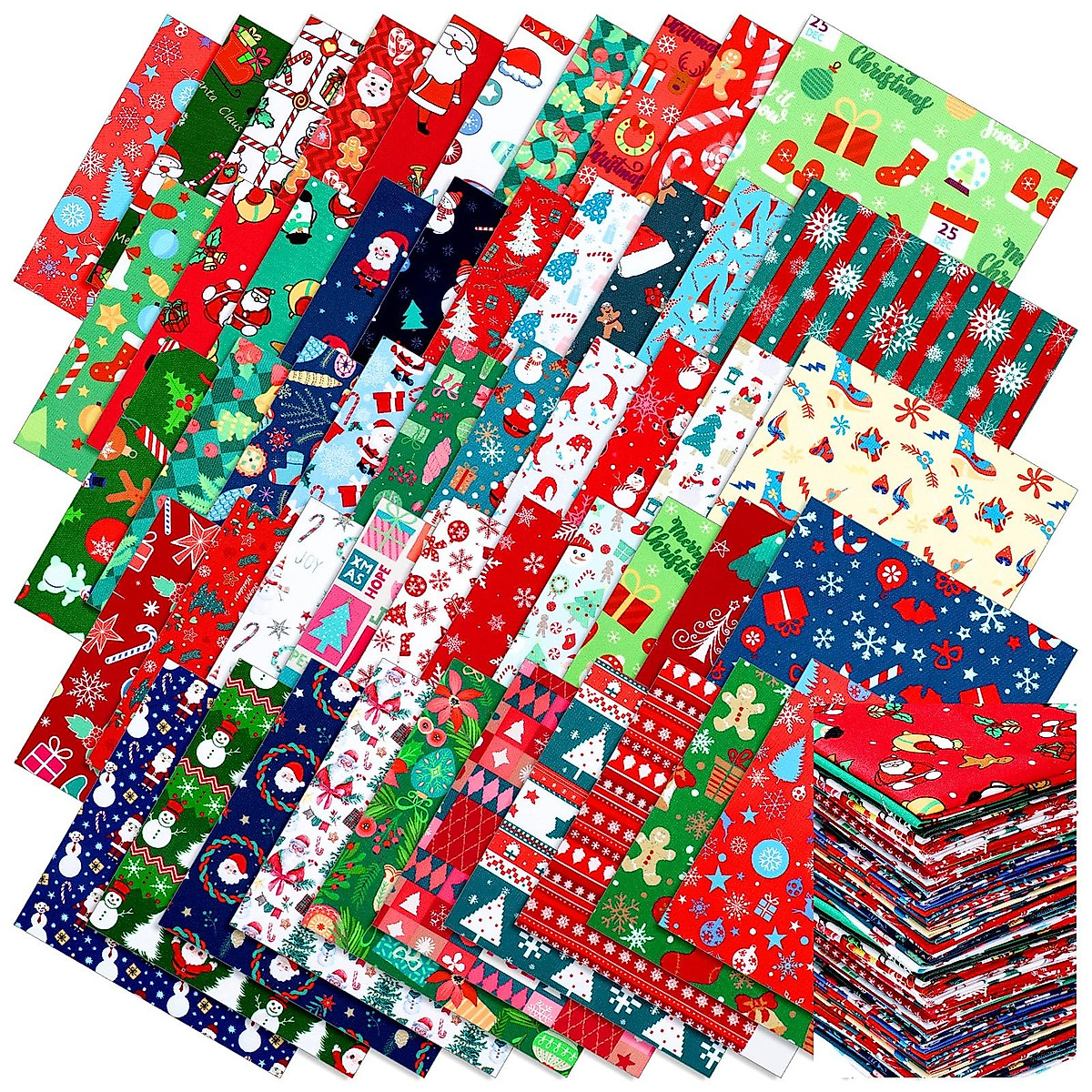 Ganeen 100 Pcs 10 x 10 Inch Winter Christmas Fabric Squares Snowflake Snowman Santa Quilting Fabric Bundles Red Green Blue Fat Fabric Patchwork Scraps Pre Cut Quilt Squares for DIY Craft