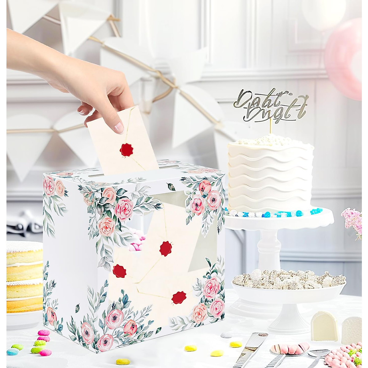 HEIPINIUYE Pink Card Box for Party Floral Gift Card Box Holder Wedding Card Box Money Box Card Box Holder for Wedding Baby Shower Bridal Shower Birthday Party Card Holder Box