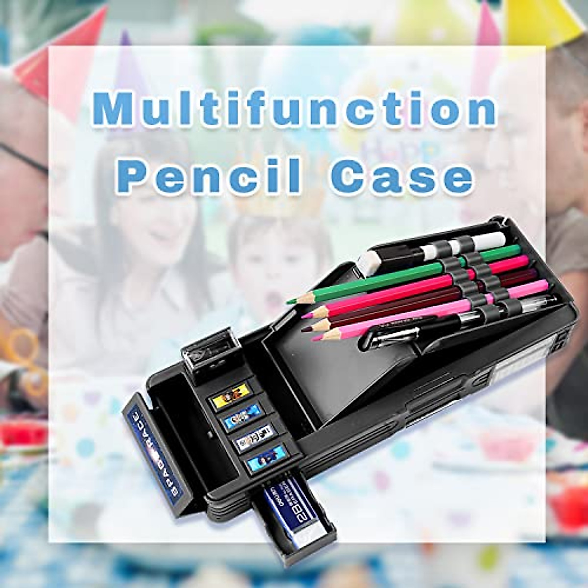 Pop Up Multifunction Pencil Case for Boys(NO LOCK), Cute Cartoon Pen Box Organizer Stationery with Sharpener, Schedule, Whiteboard, School Supplies, Best Birthday Gifts for Kids Teens-Black