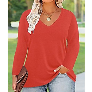 CARCOS Plus Size Tops for Women 3X Long Sleeve T Shirts Basic V Neck Tunics Casual Caramel Pullover Loose Fit 3XL 22W 24W
